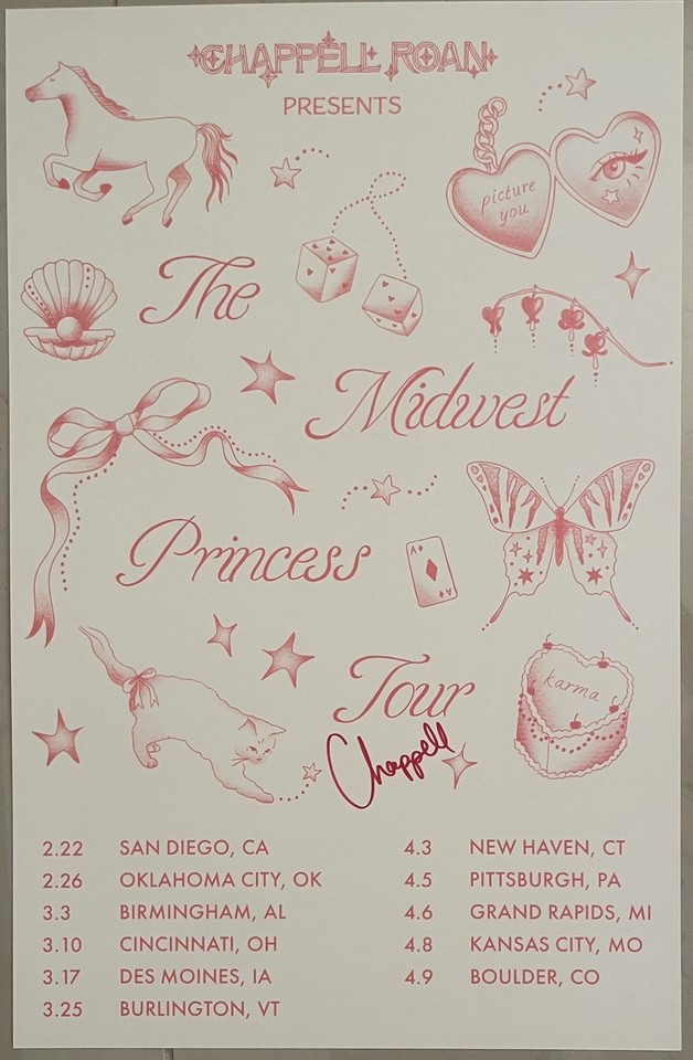 Autographed Chappell Roan Midwest Princess Tour Poster Flash Tattoo Art ...