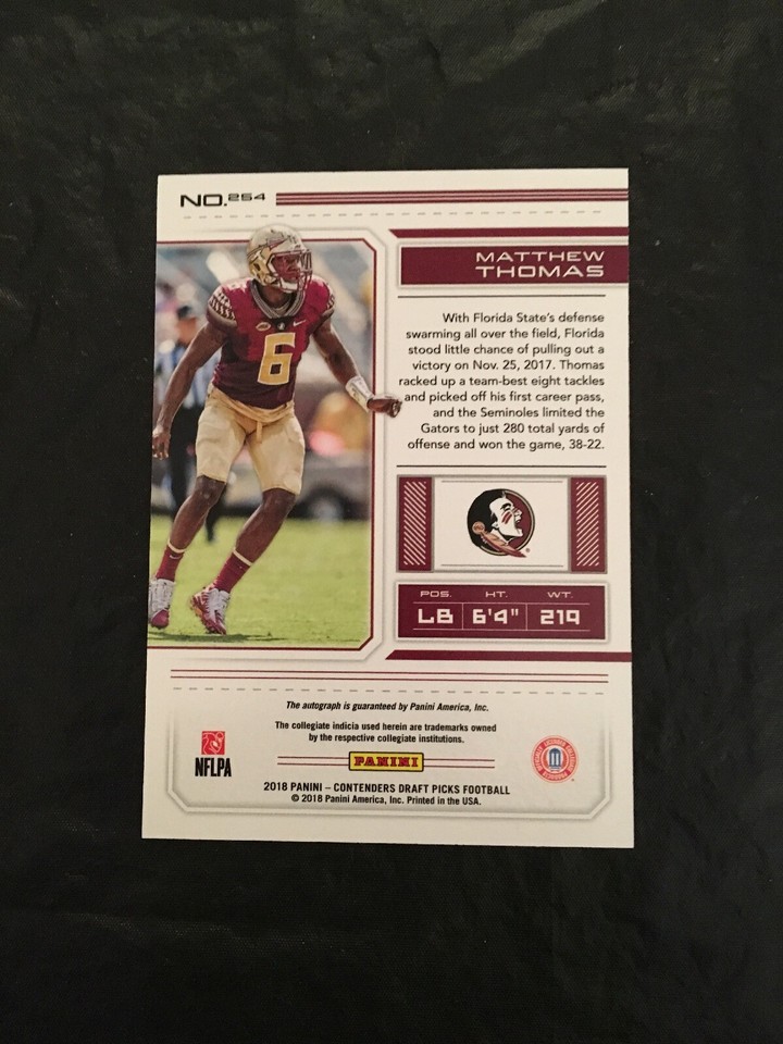 2018 Contenders DP Rookie Autograph #254 Matthew Thomas Florida State ...