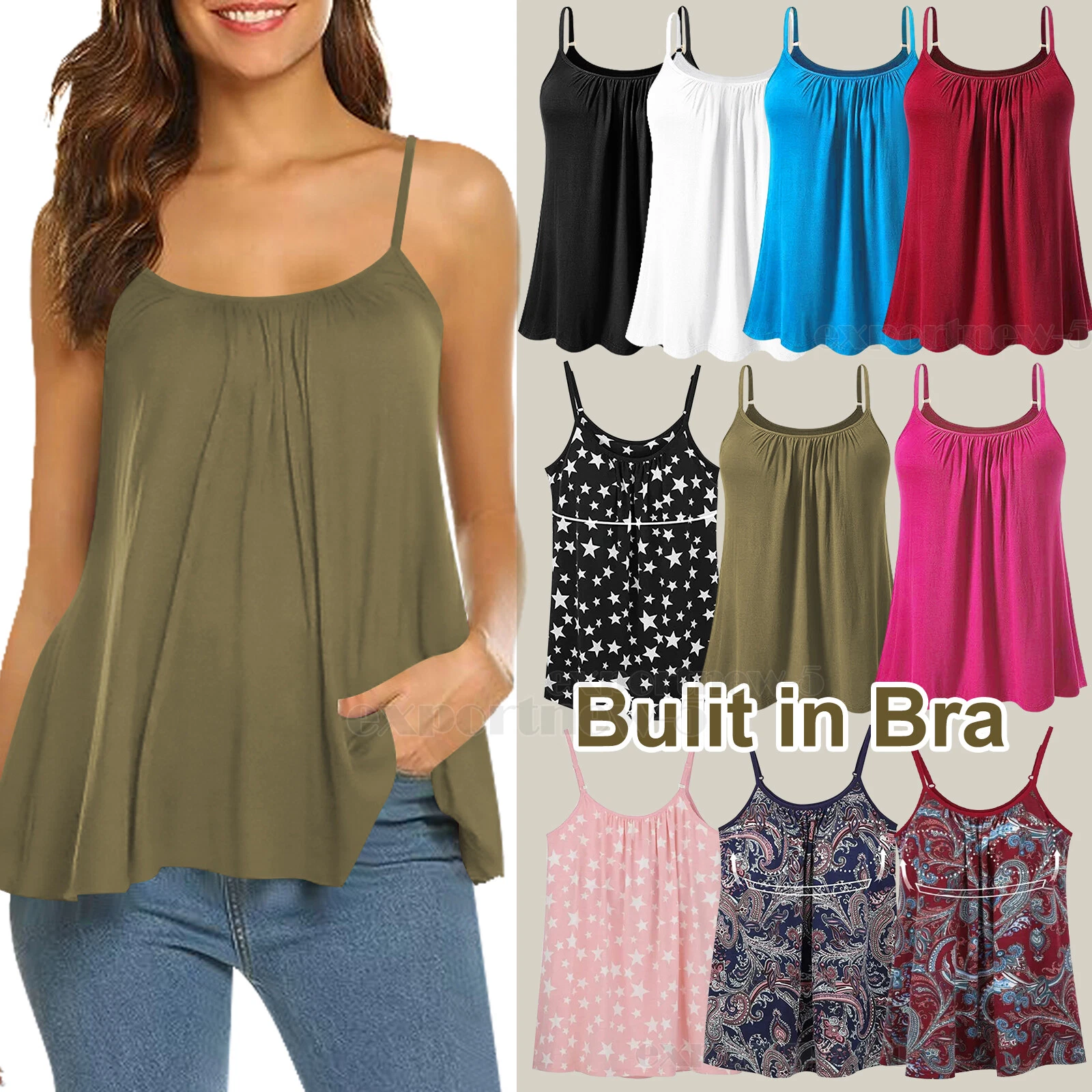 Women Camisole Built-in Bra Flowy Tank Top Loose Fit Pleated Vest with Shelf Bra | eBay