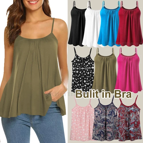Women Camisole Built-in Bra Flowy Tank Top Loose Fit Pleated Vest with Shelf Bra | eBay