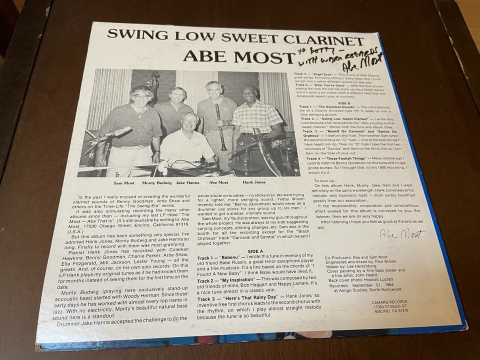 Abe Most~Swing Low Sweet Clarinet~SIGNED~Jazz Swing LP~Hank Jones ...