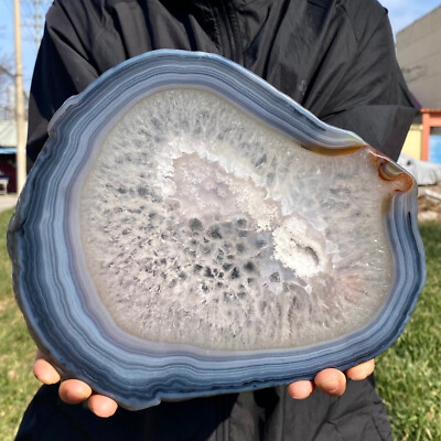 2.6LB Natural agate striped slice quartz crystal hand-cut raw mineral ...
