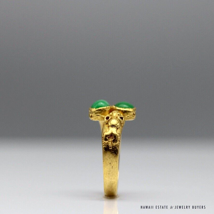 6.4g 24KYG 4mm ROUND GREEN JADE ENGRAVED RING SIZE 7.75 | eBay