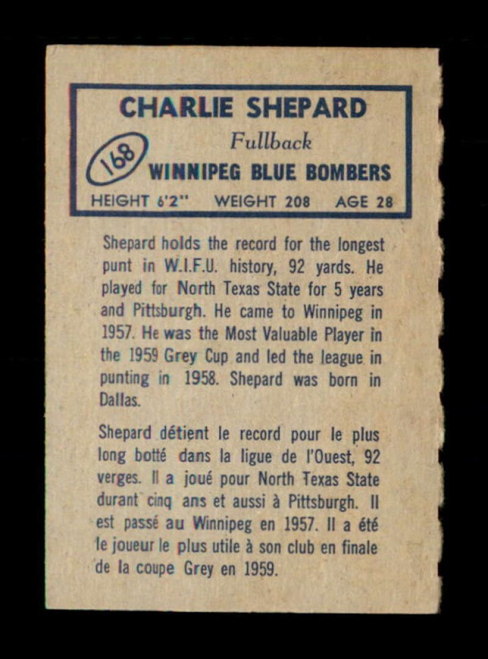 1962 Topps CFL #168 Charlie Shepard EXMT/EXMT+ X2486357 | eBay