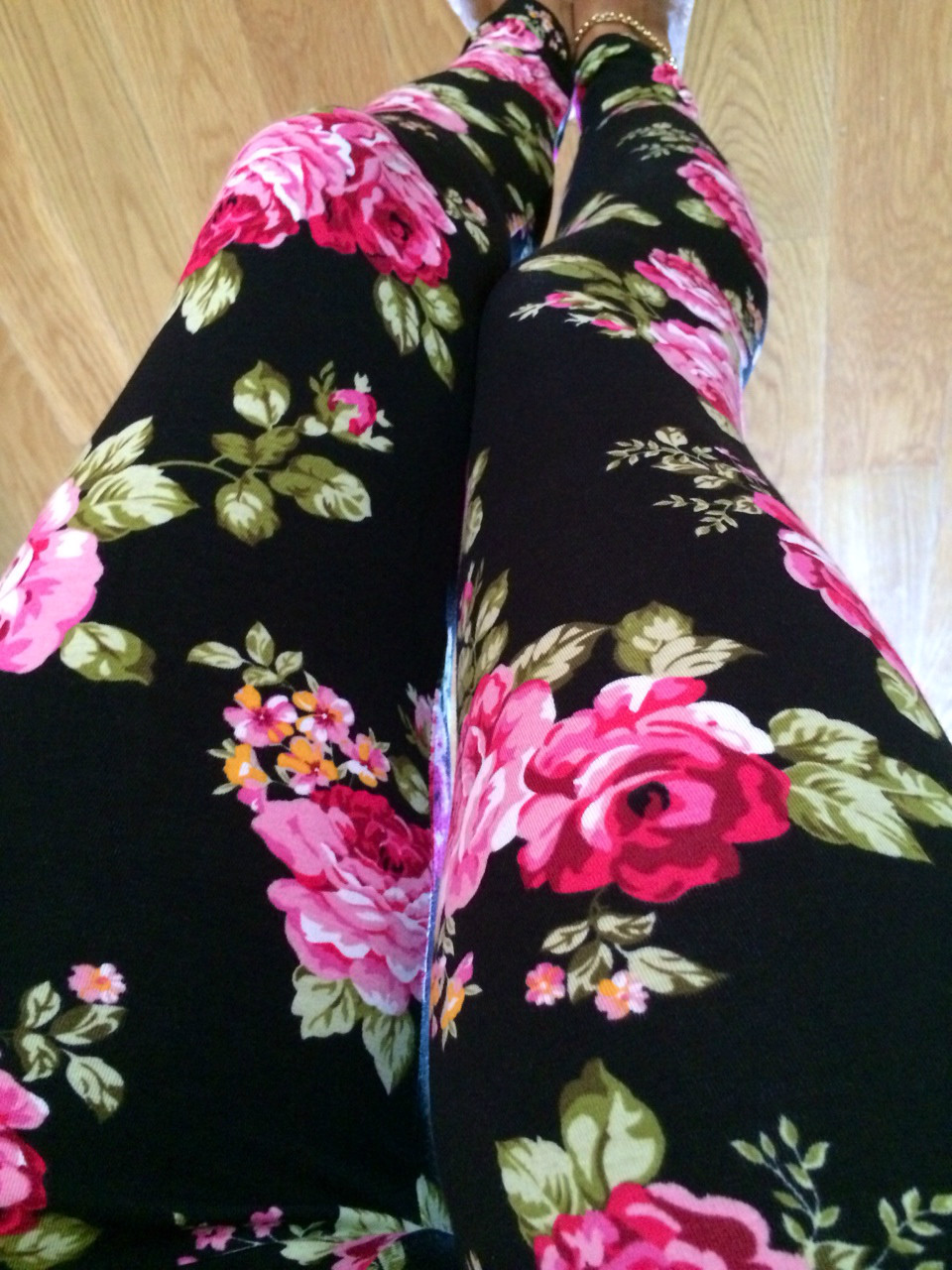 Black FLORAL Flower PINK Roses Ankle Leggings pants Cotton S M L 2-12 ...