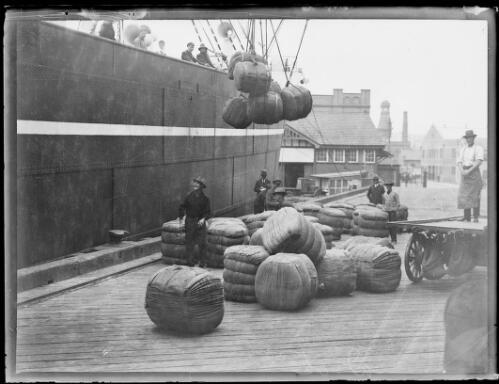 Men loading bales of wool onto a ship at the wharf, NSW, ca. 1920 ...