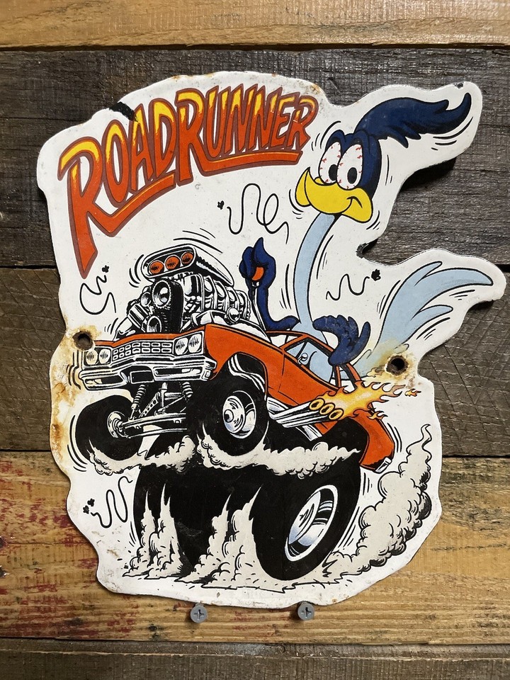 VINTAGE ROAD RUNNER PORCELAIN SIGN GAS STATION MOTOR OIL SERVICE LUBE ...