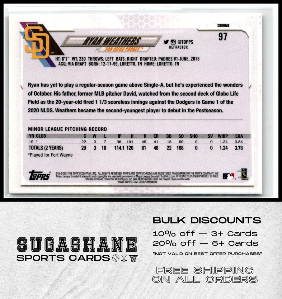 2021 Topps Chrome 97 Ryan Weathers Refractor RC San Diego Padres ...