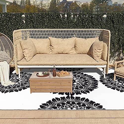 Outdoor Rugs Vintage Floral Plastic Straw Rug Waterproof 9'x12' Black ...