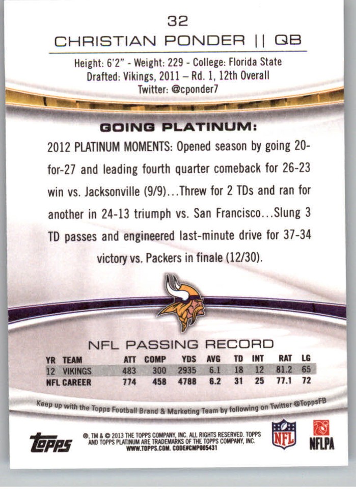 2013 Topps Platinum Football Card #32 Christian Ponder | eBay