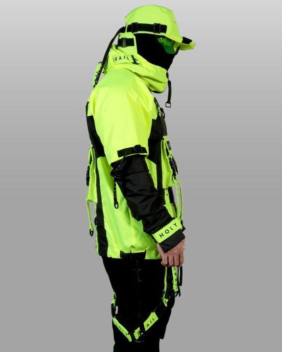 Men's Techwear Neon Green Jacket Hoodie Full Zip Buckle H G - A.N.R.X V ...