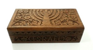 Old Jewish Judaica Israel Wood Carved Jewelry (?) Box 7 Cans Menorah ...