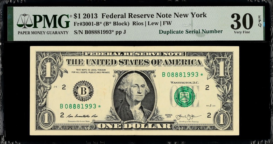 2013B Star Note Duplicated Serial Number Matched Pair AU58 and VF30 ...