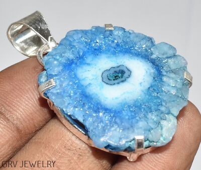 Blue Solar Quartz Gemstone 1.6" Handmade Pendant 925 Silver Plated U478 ...