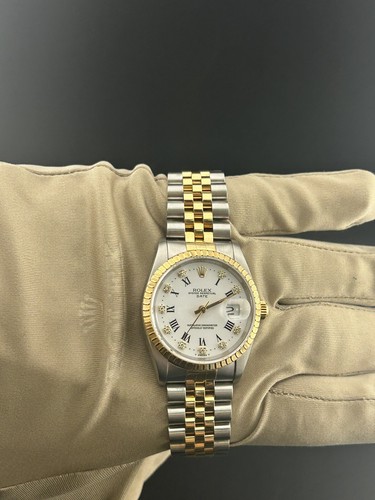 Rolex Oyster Perpetual Two-Tone Date White Roman Dial With Diamonds ...
