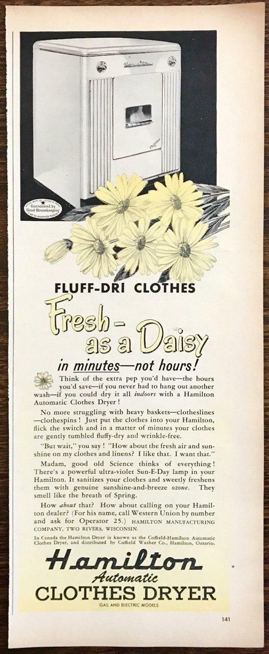 1949 Hamilton Automatic Clothes Dryer Print Ad Fluff-Dri Daisy Fresh | eBay