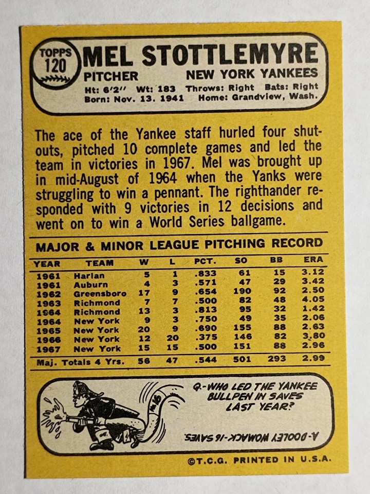 1968 Topps #120 Mel Stottlemyre (MINT) | eBay