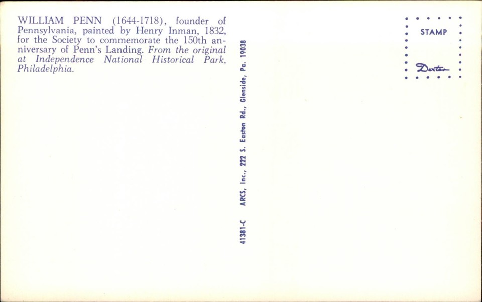 William Penn portrait Henry Inman Philadelphia PA vintage art postcard ...