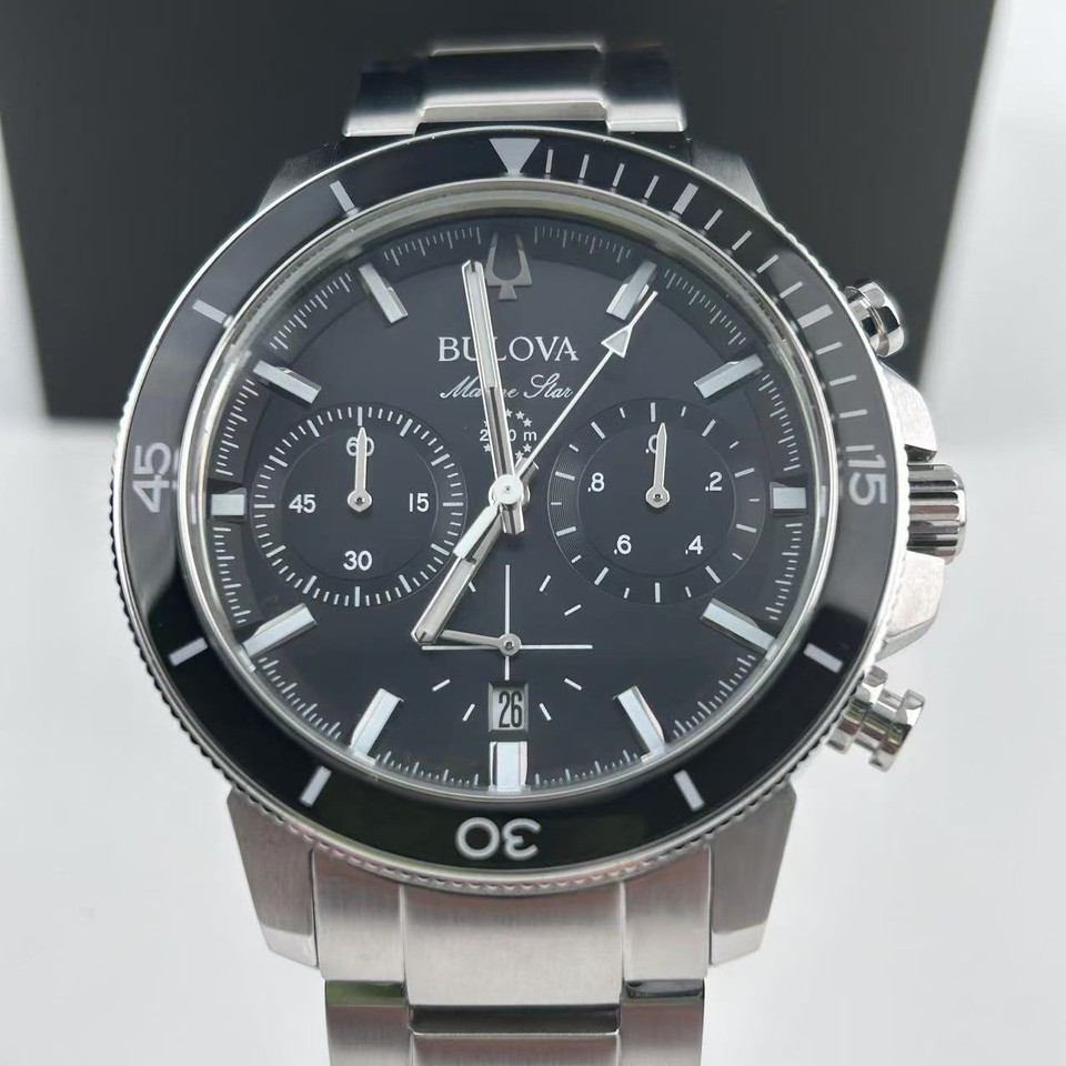 New Bulova Marine Star 96B272 Black Dial Stainless Steel Men's Quartz ...