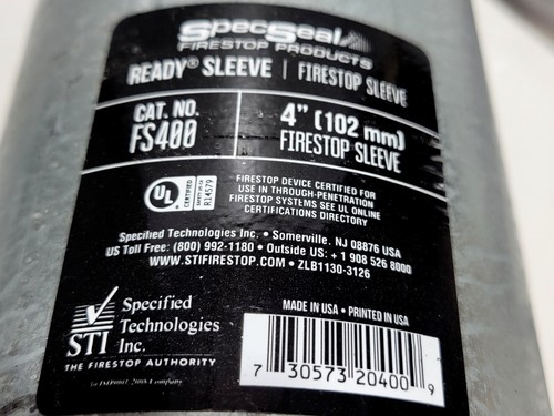 NEW Specified Technologies FS400 4" SpecSeal Firestop Sleeve Lot of 2 ...