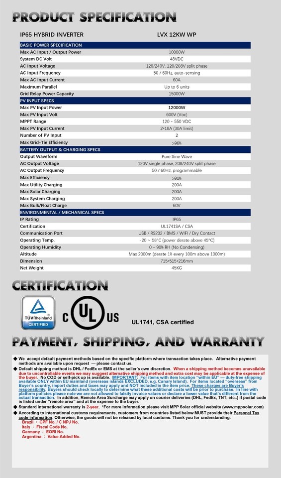 LVX12kw 10kw hybrid solar inverter split phase 110v 220vac UL 1741 ...