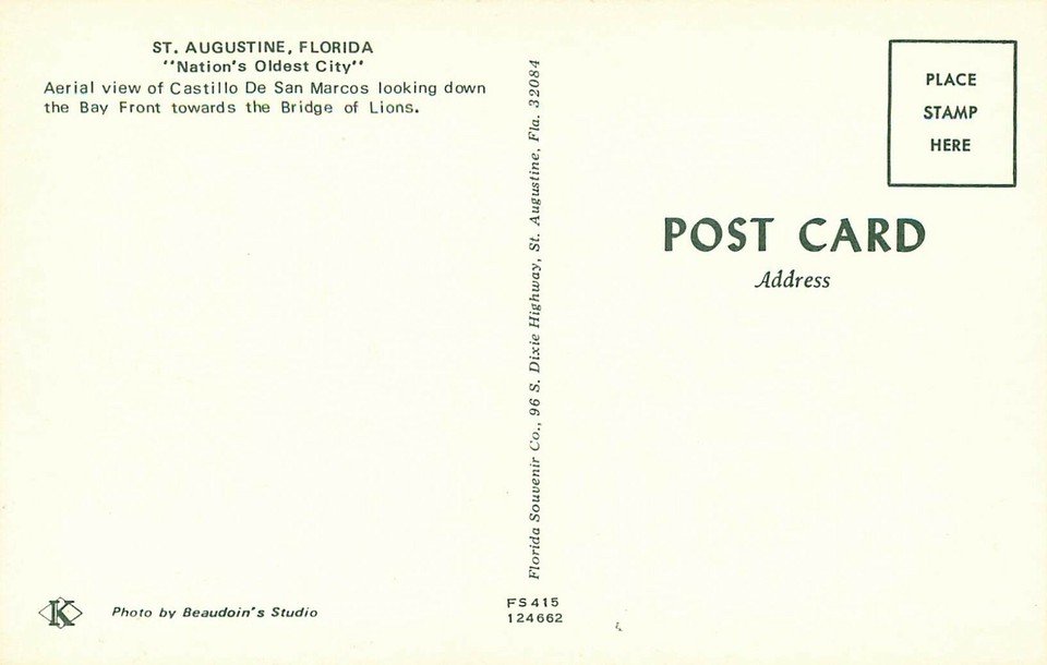 Postcard Birds Eye View Castillo De San Marcos Monument Lions Bridge | eBay