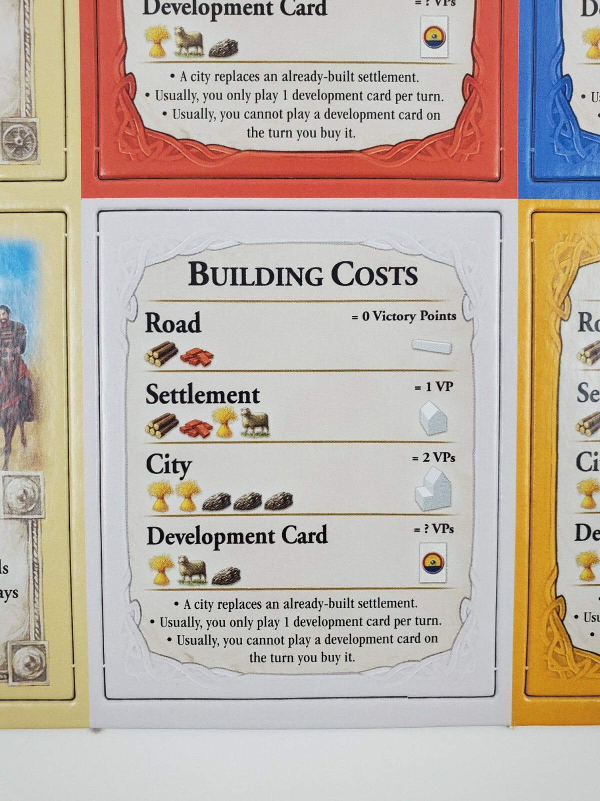 SETTLERS OF CATAN REPLACEMENT 4 Building Cost Cards 2 Special Cards ...