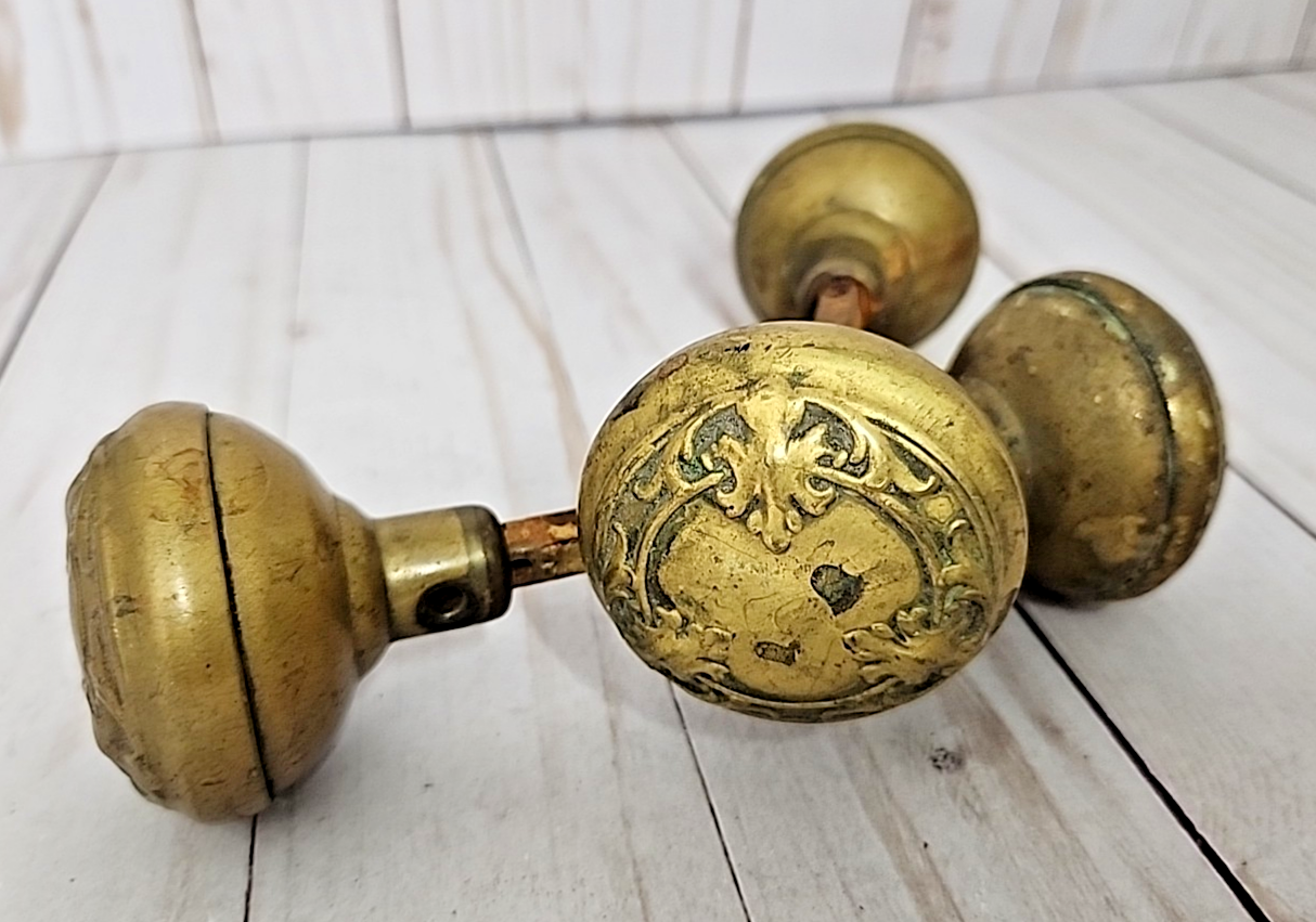 Antique Brass Round Door Knob Set Reclaimed Architectural Salvage Vintage Estate | eBay
