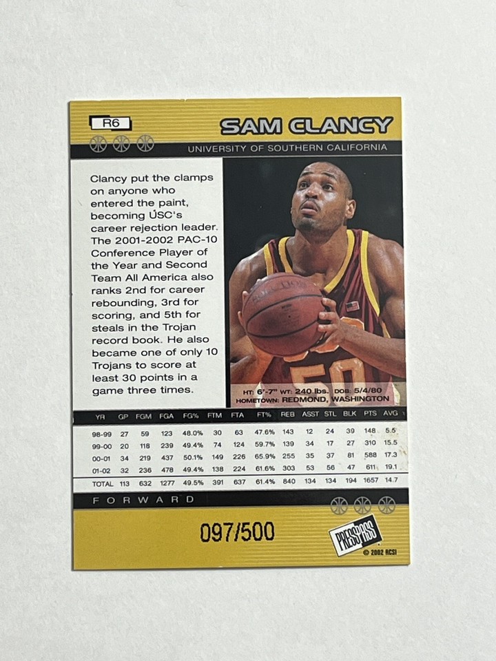 2002 Press Pass Gold Zone #G6 Rookie Sam Clancy USC Trojans | eBay