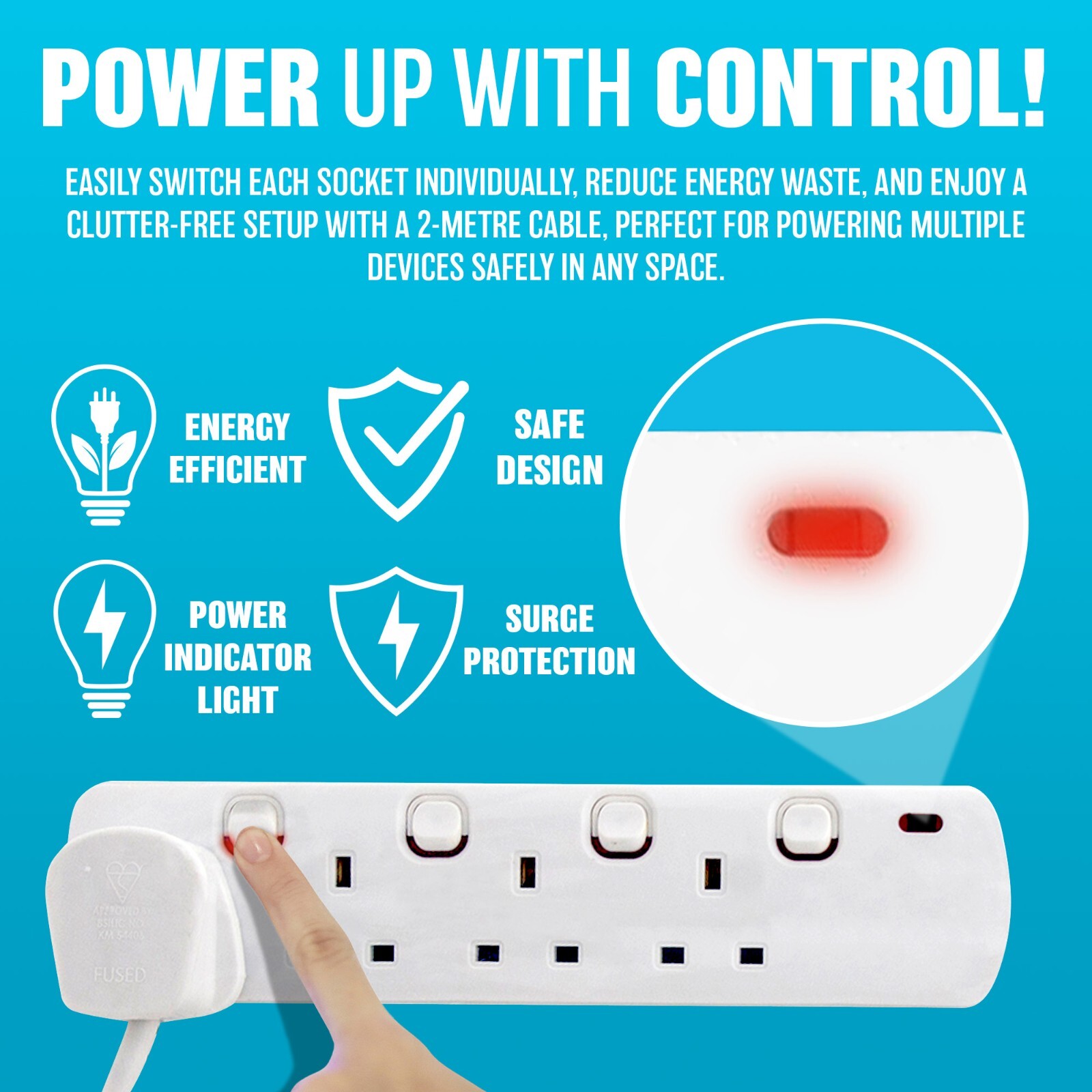 4 WAY GANG EXTENSION LEAD 2 METRE CABLE INDIVIDUALLY SWITCHED 4 SOCKET ...