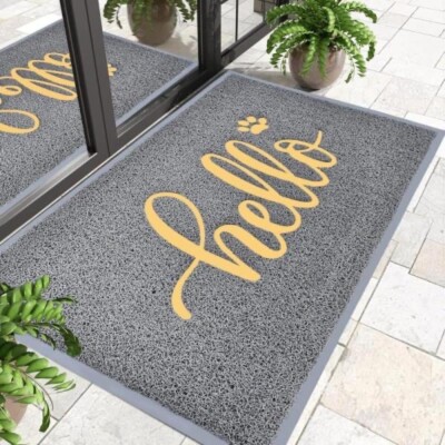 24x36in All Weather Hello Paw Print Gray/Gold Floor Door Mat, Low ...