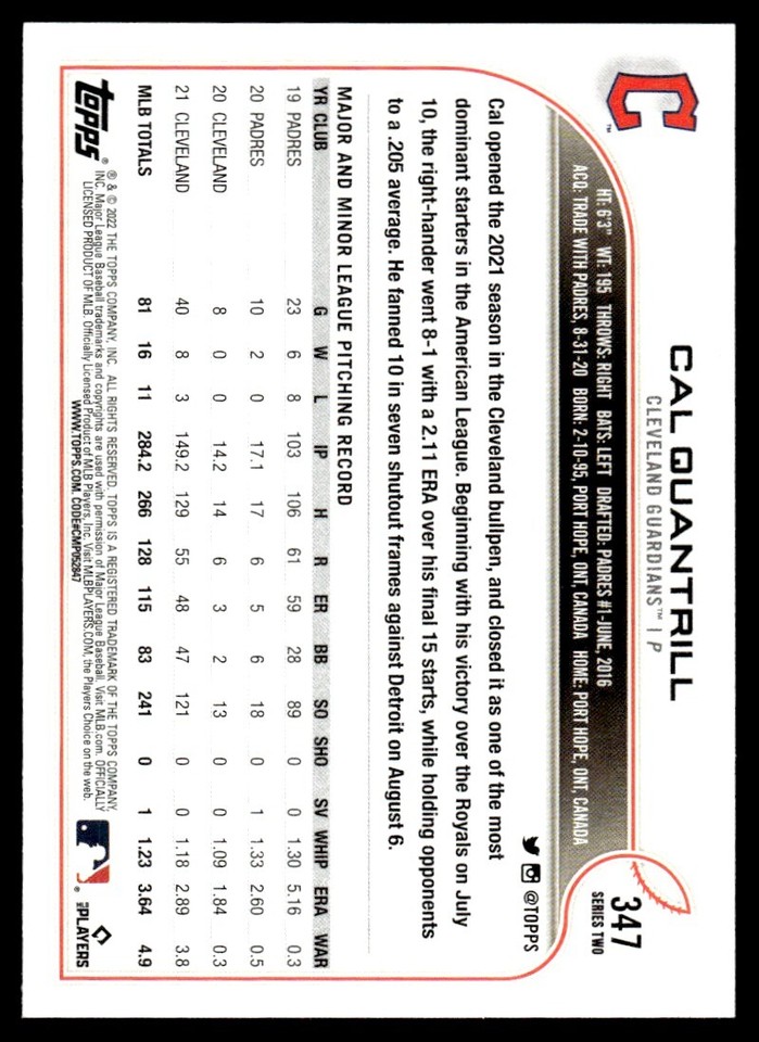 2022 Topps Baseball Card Cal Quantrill A Cleveland Guardians #347 | eBay