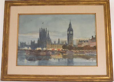 JAMES KRAMER Signed 1987 Original Watercolor "London at Dusk"- LISTED ...