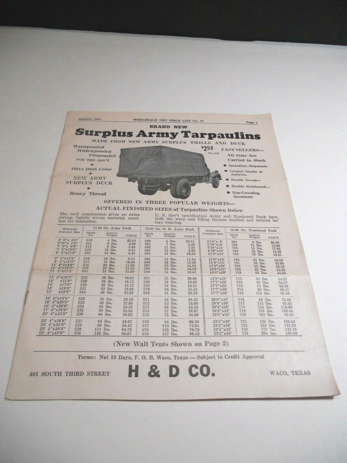 VINTAGE 1947 ARMY SURPLUS SUPPLY LIST~H & D Co. WACO TEXAS | eBay