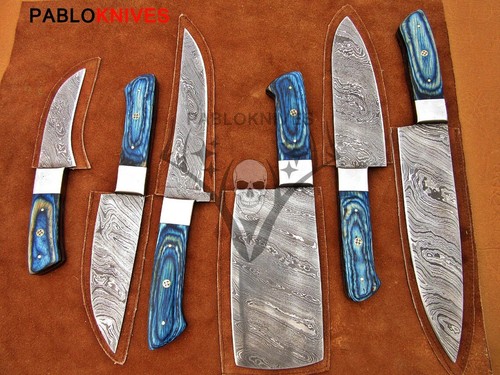 Set Of 6 Custom Handmade Damascus Steel Chef Knife” Blue Wood Handle ...