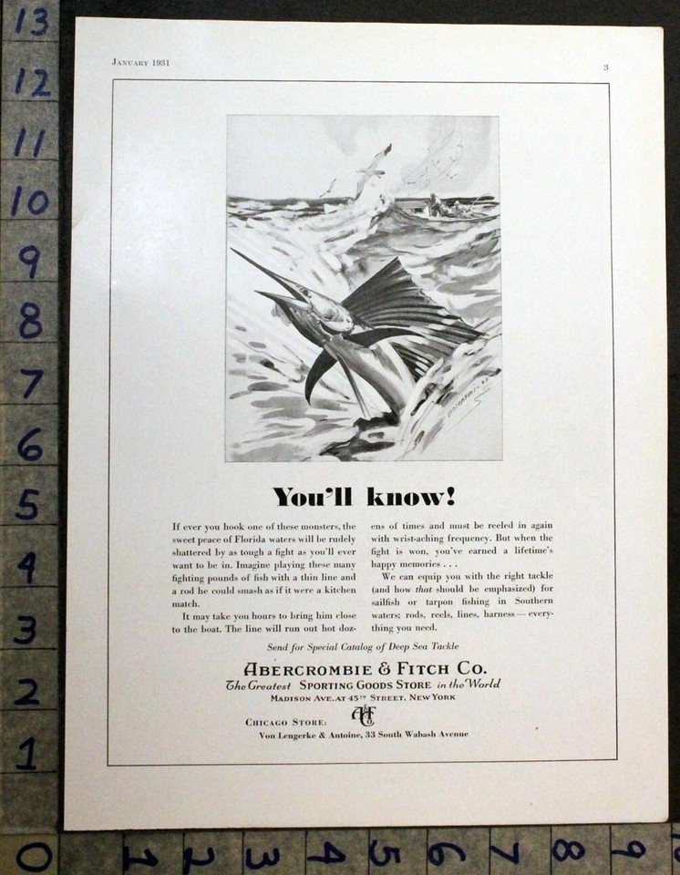 1931 ABERCROMBIE FITCH FISHING SAILFISH OCEAN BOAT VINCENTINI ARTIST AD ...