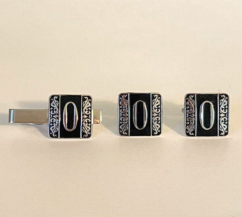 Vintage Swank Cuff Links & Tie Bar Clip Set "O" Monogram Black & Silver ...