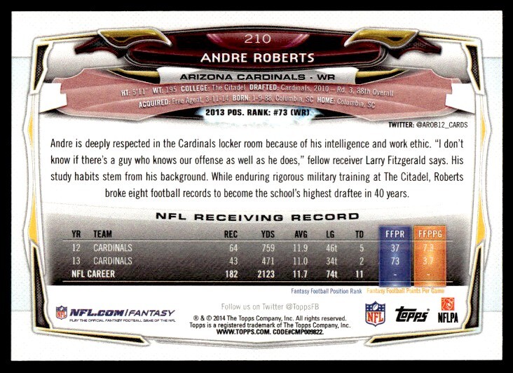 2014 Topps Andre Roberts Arizona Cardinals #210 | eBay
