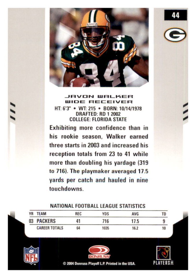 2004 Certified Javon Walker NFL Base Card PWE Set Break Foil Packers ...