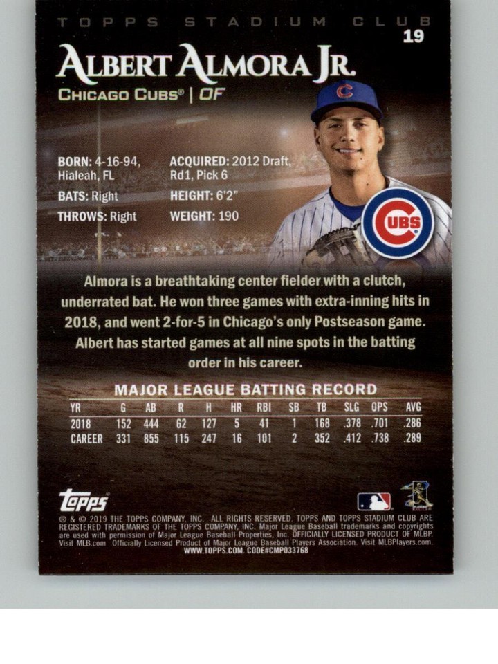 2019 Stadium Club Albert Almora Jr. 19 Chicago Cubs Sepia | eBay