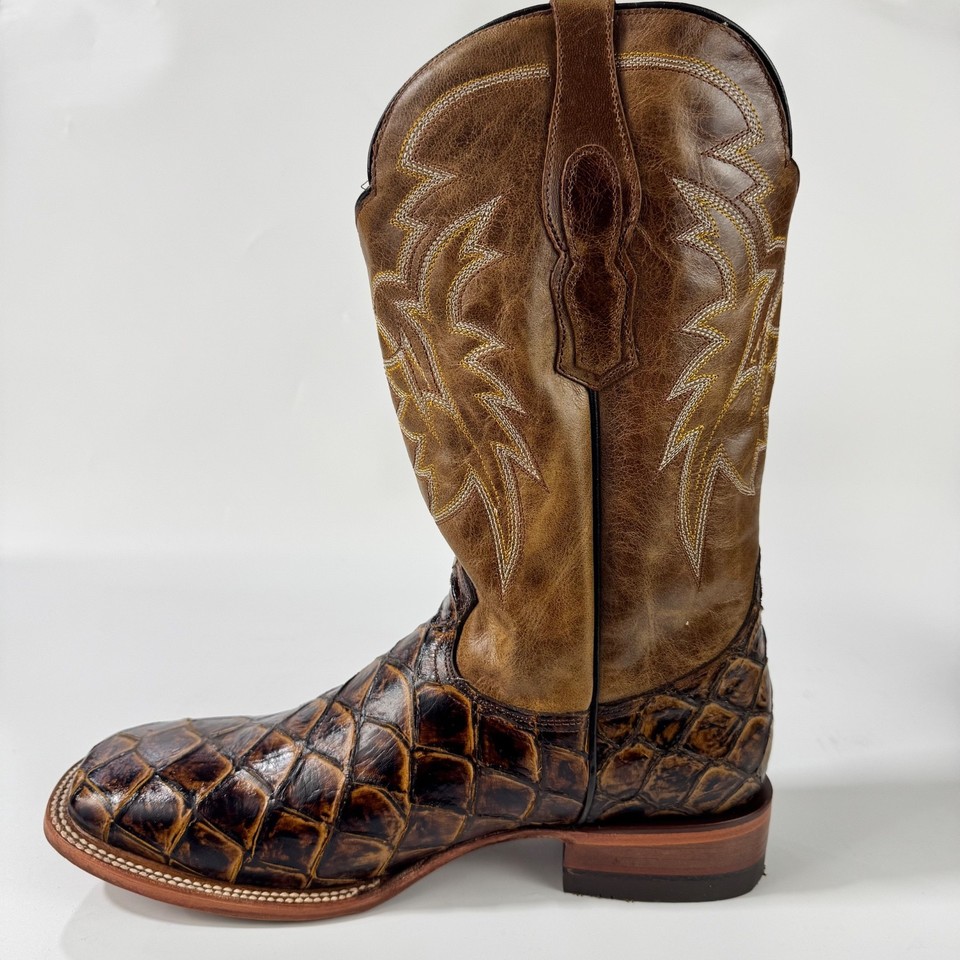 MEN'S RODEO COWBOY FISH MAPLE PRINT WESTERN SQUARE TOE BOOTS COGNAC ...