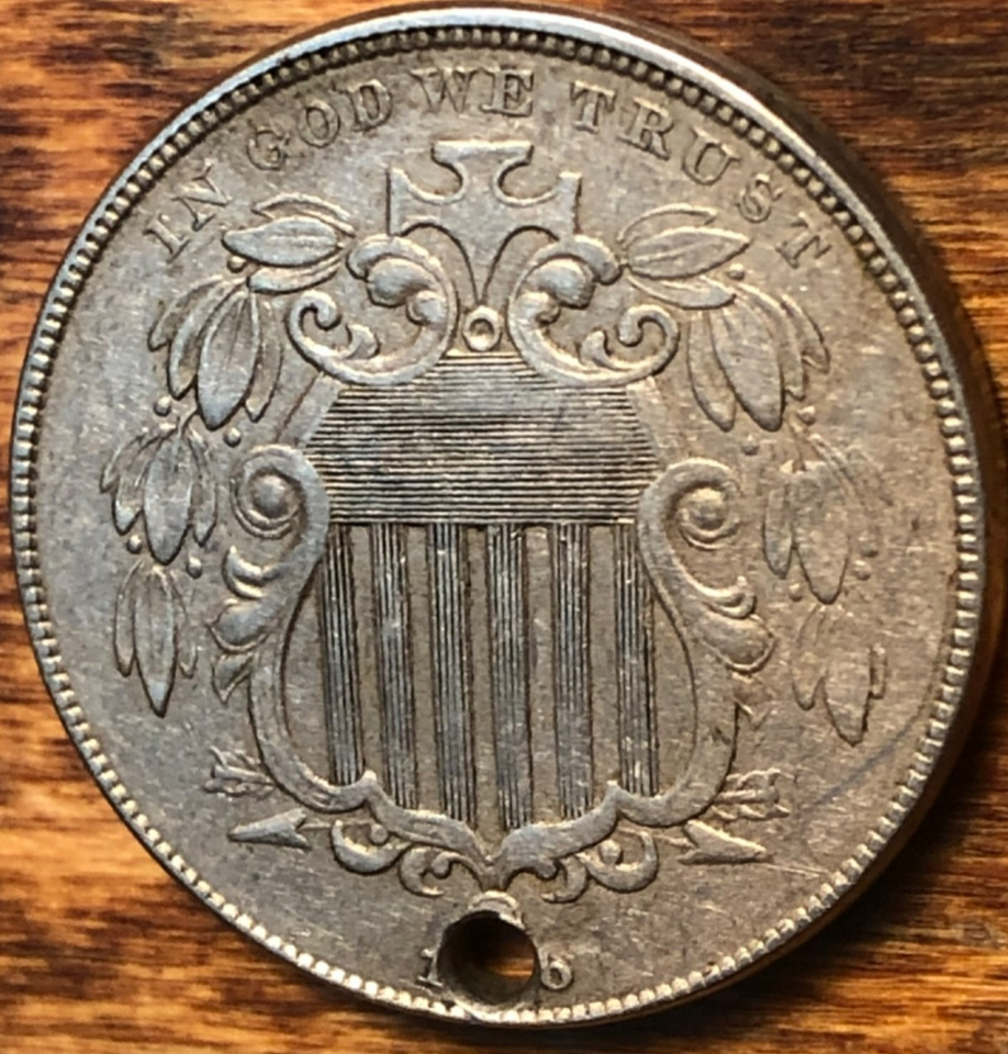 1866 W/ Rays Shield Nickel Pre-Cud Die Break Error XF Details Holed US ...