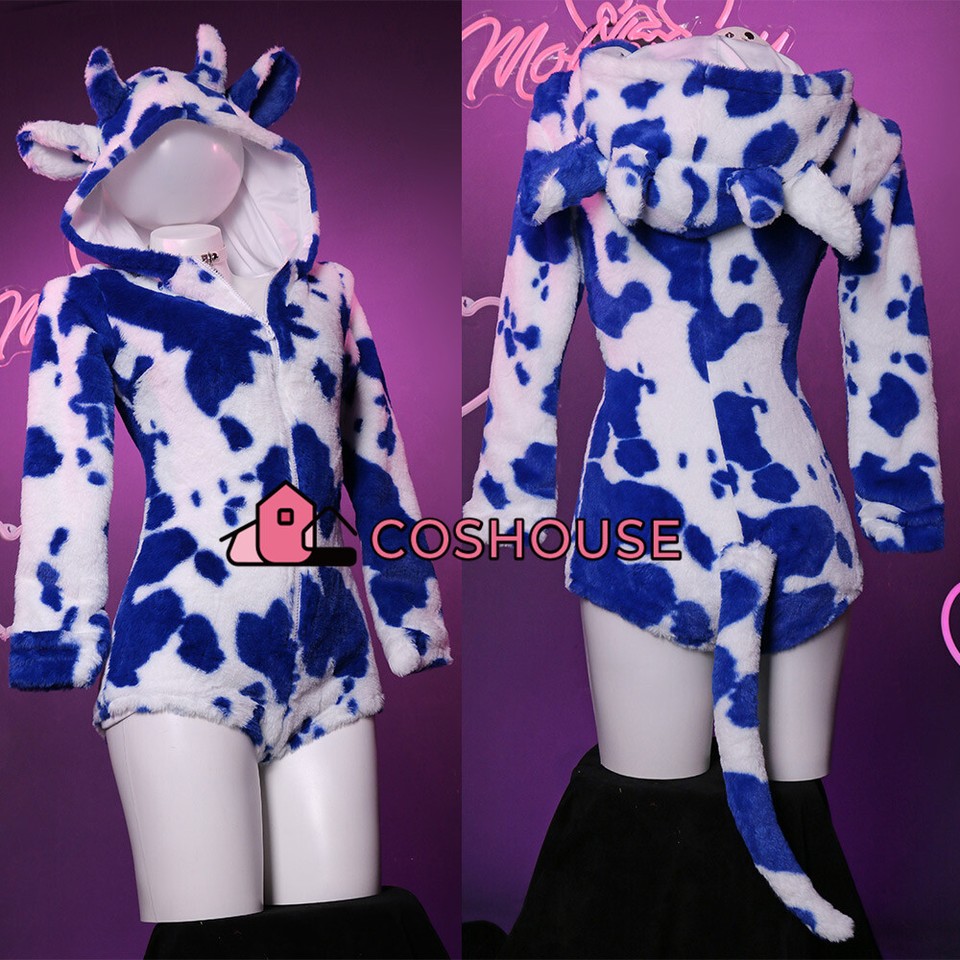 Women Milk Cow Bodycon Sexy Bodysuit Plush Hooded Romper with Thigh ...