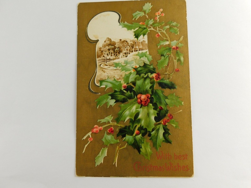 With Best Christmas Wishes Mistletoe Holly Gold Divided Back Vintage Postcard | eBay