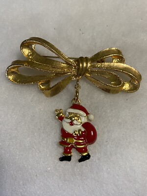 Vintage PHISTER ENT Christmas Jewelry Brooch Pin Santa Gold Tone Bow ...