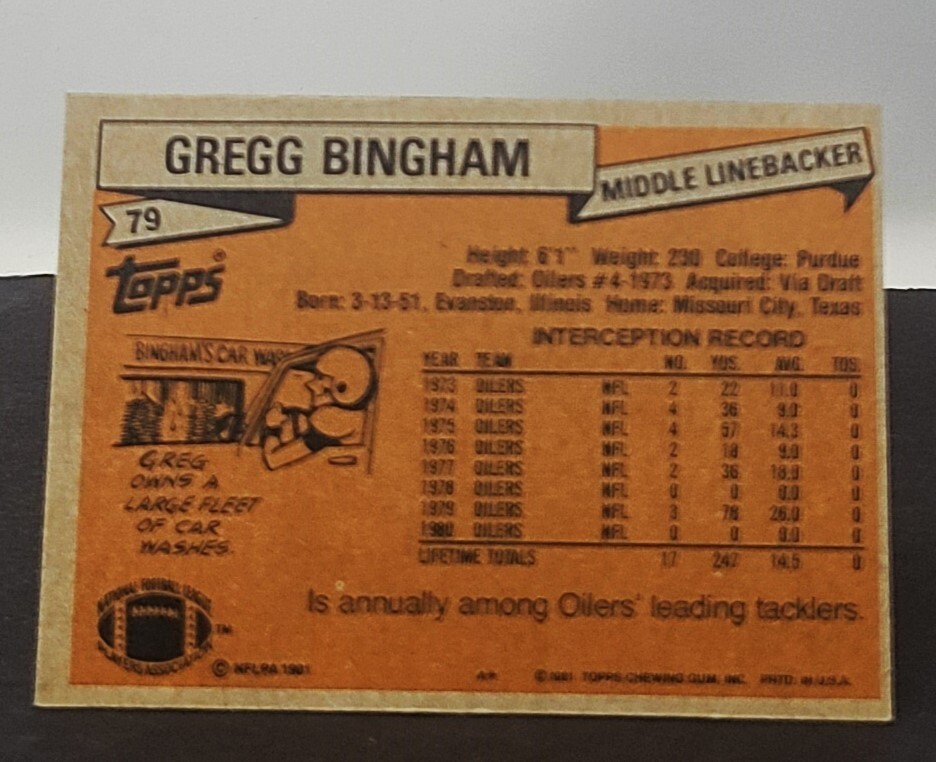 GREGG BINGHAM Signed Autographed 1981 Topps Football Card #79 Houston ...