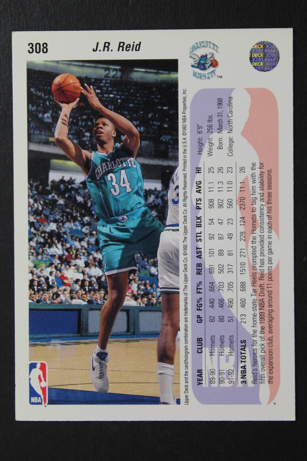 JR Reid HORNETS UNC Signed 1992 Upper Deck #308 Autographed Basketball ...