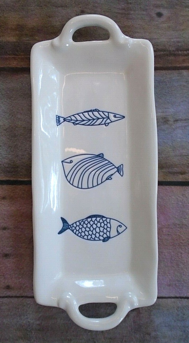 Pier 1 Stoneware Small Handled Blue & White Fish Hors d'oeuvre Platter ...