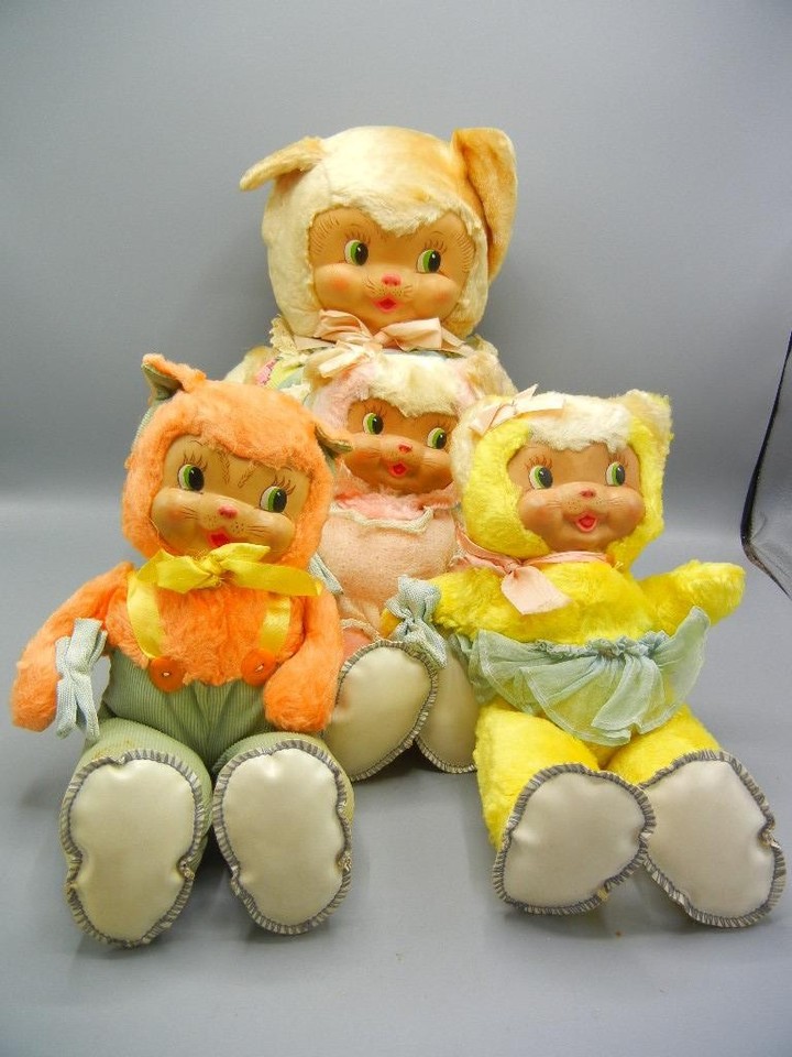 Vintage RUSHTON Plush Rubber Vinyl Molded Face *Mama Cat & 3 Kittens w ...