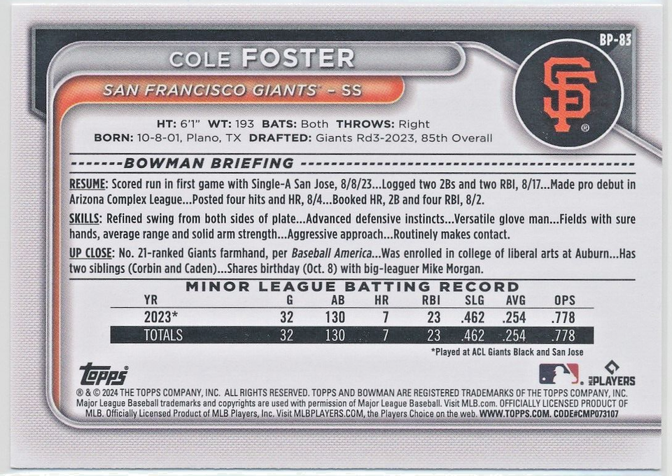 2024 Bowman Baseball - Cole Foster - San Francisco Giants - Prospect ...